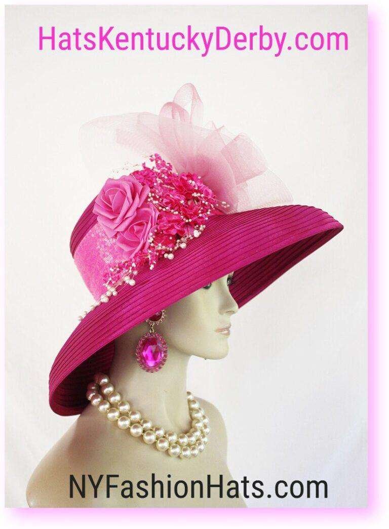 Haute Couture Fuchsia Pink Big Brim Satin Designer Hat, Kentucky Derby ...