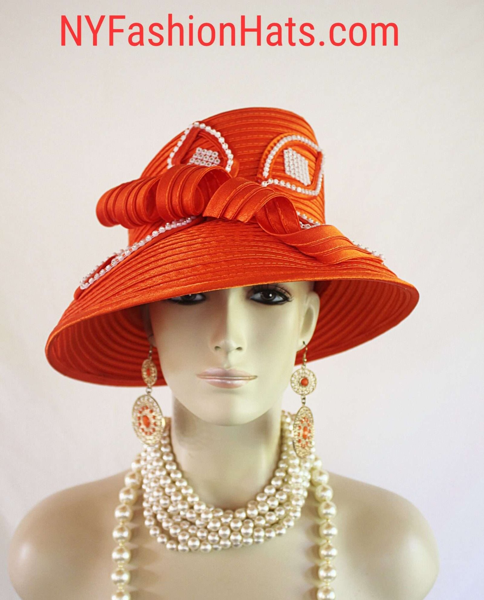 Women's Couture Satin Orange White Slant Abstract Brim Hat, Formal ...